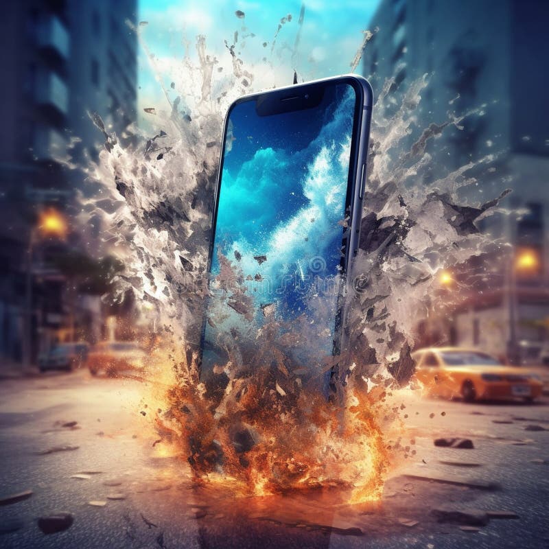 A Huge Broken Mobile Phone, Screen Shattering Explosion Stock ...