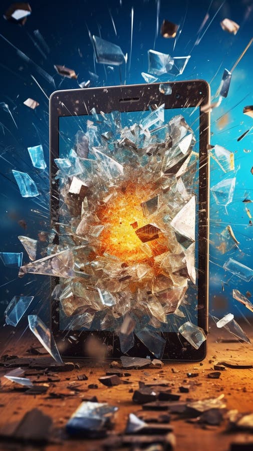 A Huge Broken Mobile Phone, Screen Shattering Explosion Stock ...