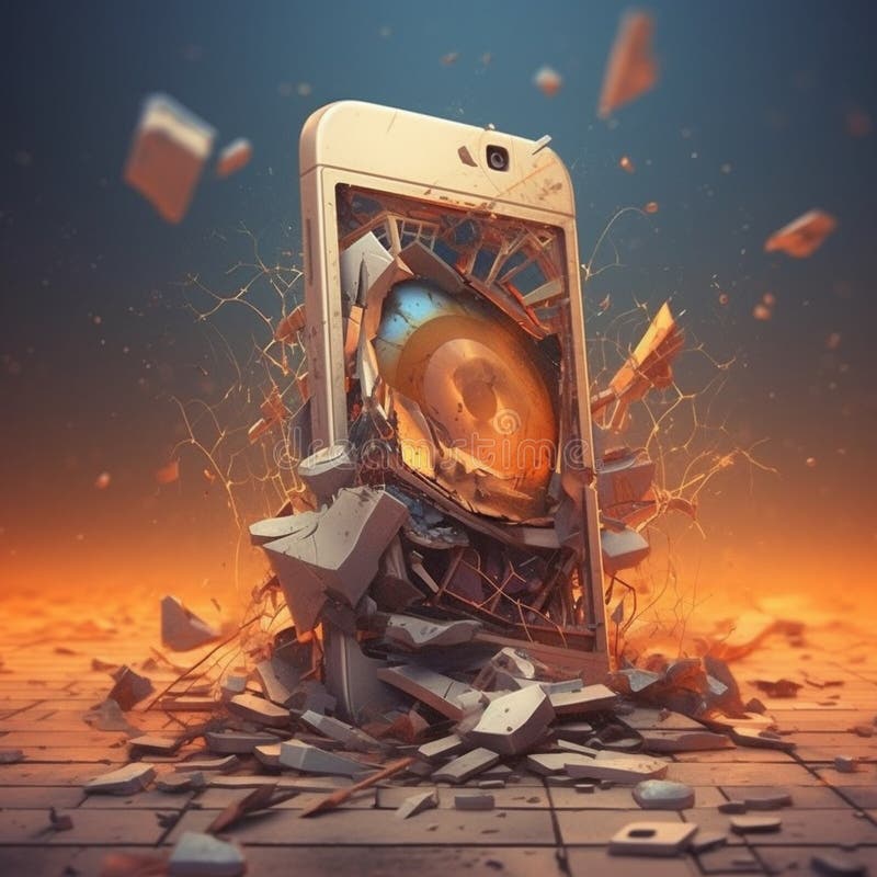 A Huge Broken Mobile Phone, Screen Shattering Explosion Stock ...
