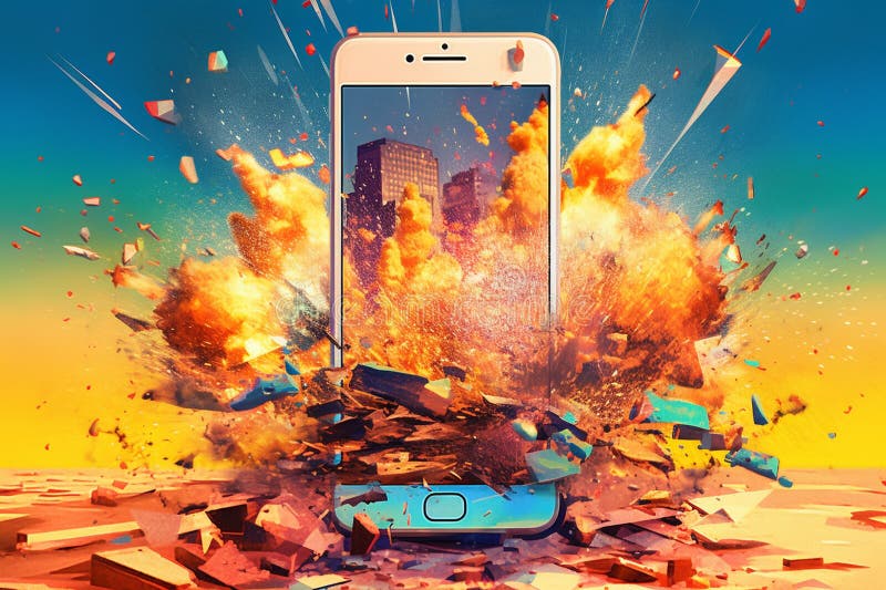 A Huge Broken Mobile Phone, Screen Shattering Explosion Stock ...