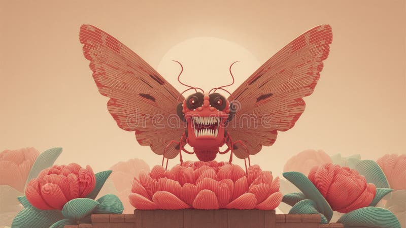 Huge Bug with Eyes and Teeth Stands on Large Flowers Stock Illustration ...