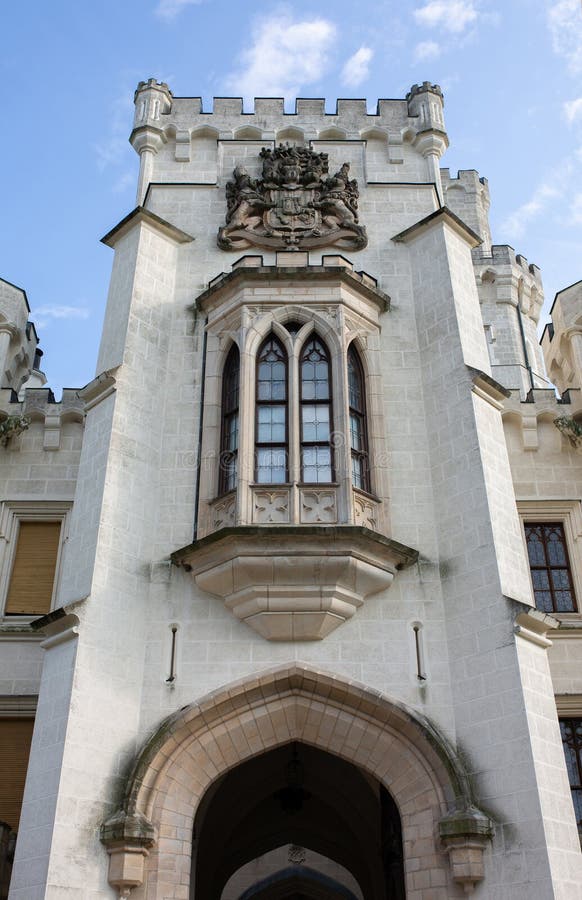 Huge Building Wall with Tall Gothic Windows on a Castle with Tower ...