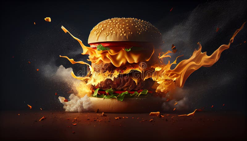 Huge Burger with Cutlet and Cheese on the Background of Fire on Foody ...