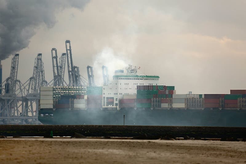 Cargo ship exhaust smoke stock photo. Image of dull - 159829922