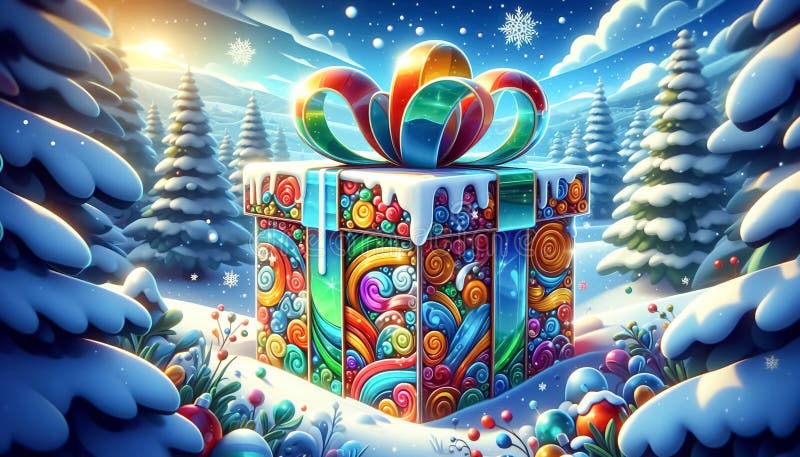 Huge Christmas Gift Box in Snowy Landscape Stock Illustration ...