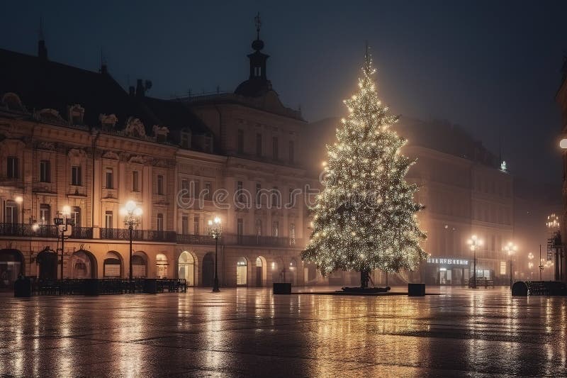 Huge Christmas Tree in the Market Square of a Modern City. Christmas ...