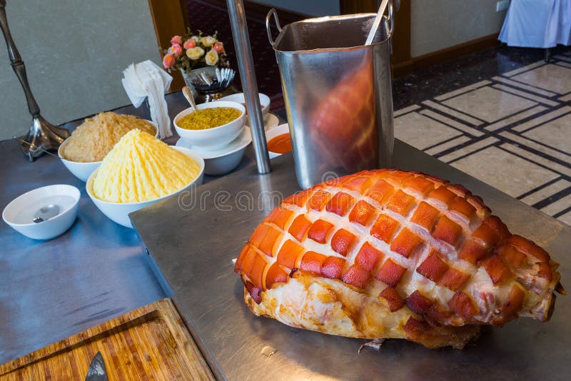 Huge Chunks of Pork Roasting on Spit Stock Image - Image of wood ...