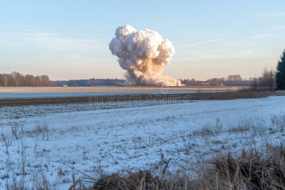 A Huge Cloud of Smoke after Explosion Over the Field in Winter Stock ...