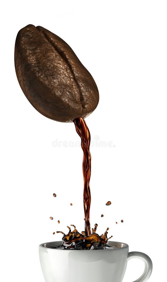 Huge Coffee Bean with Hole Pouring Coffee into a Mug Splashing. Stock ... Huge Coffee Bean with Hole Pouring Coffee into a Mug Splashing. Stock ...