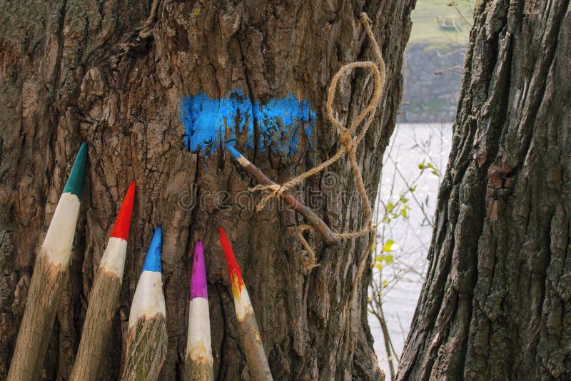 Huge Colored Pencils and a Rope Man Stock Photo - Image of wooden ...