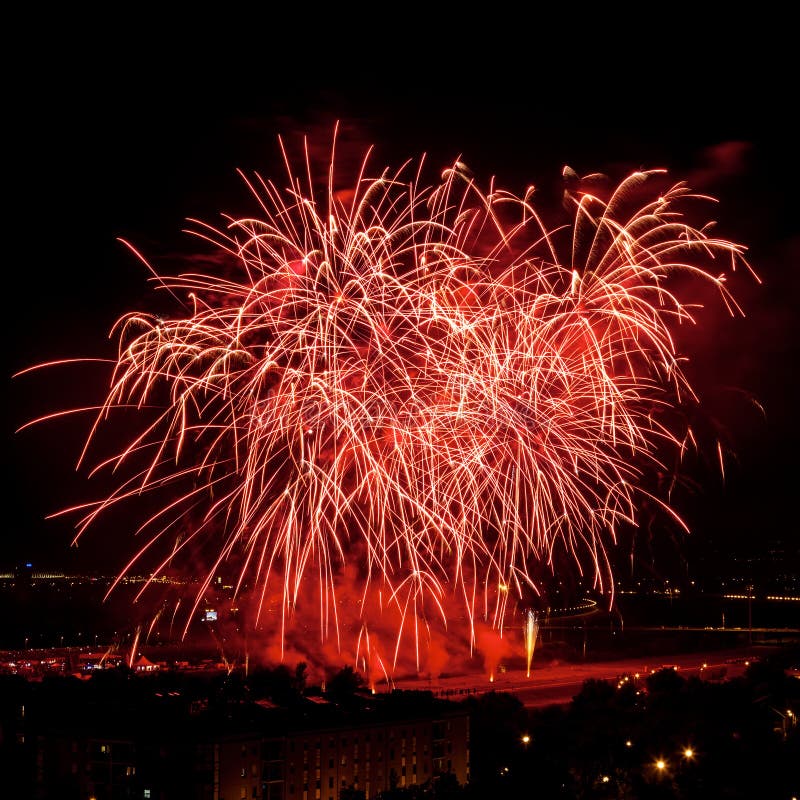 Huge Fireworks with Reflection in the Lake Stock Photo - Image of july ...