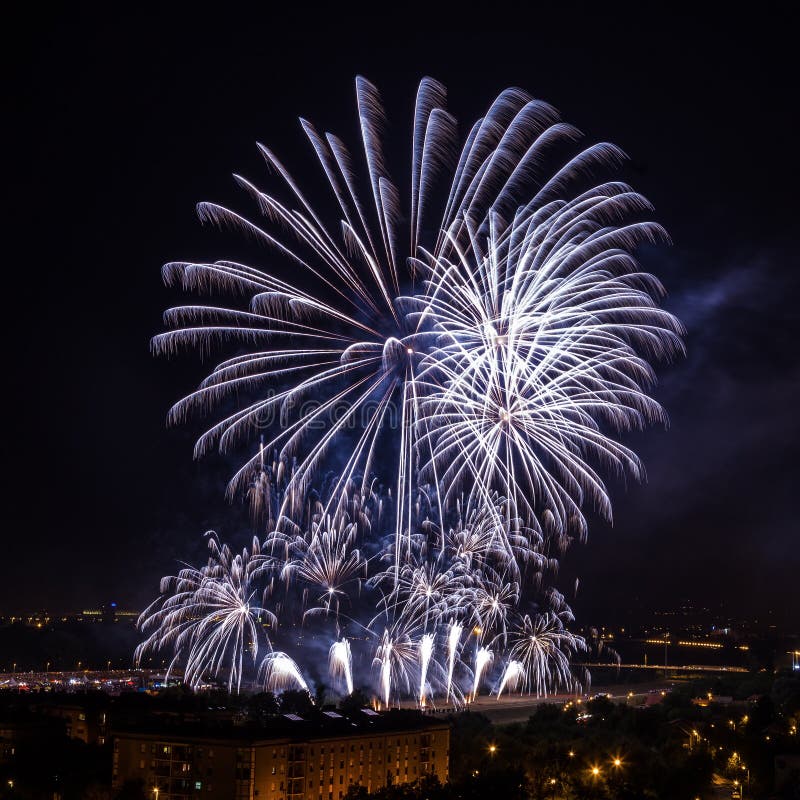 Huge Fireworks with Reflection in the Lake Stock Photo - Image of july ...