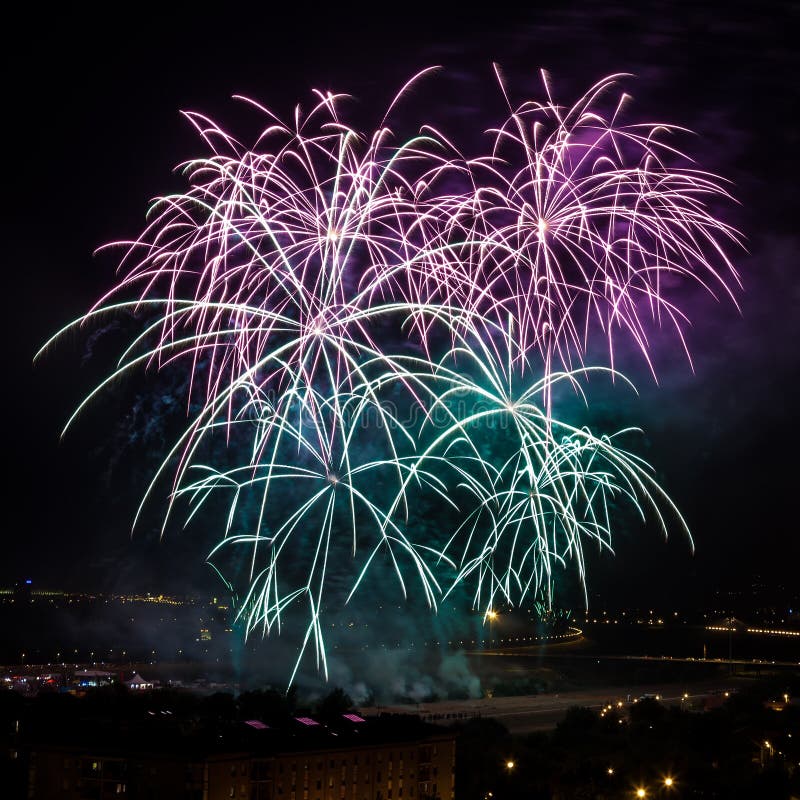 Huge Fireworks with Reflection in the Lake Stock Photo - Image of july ...