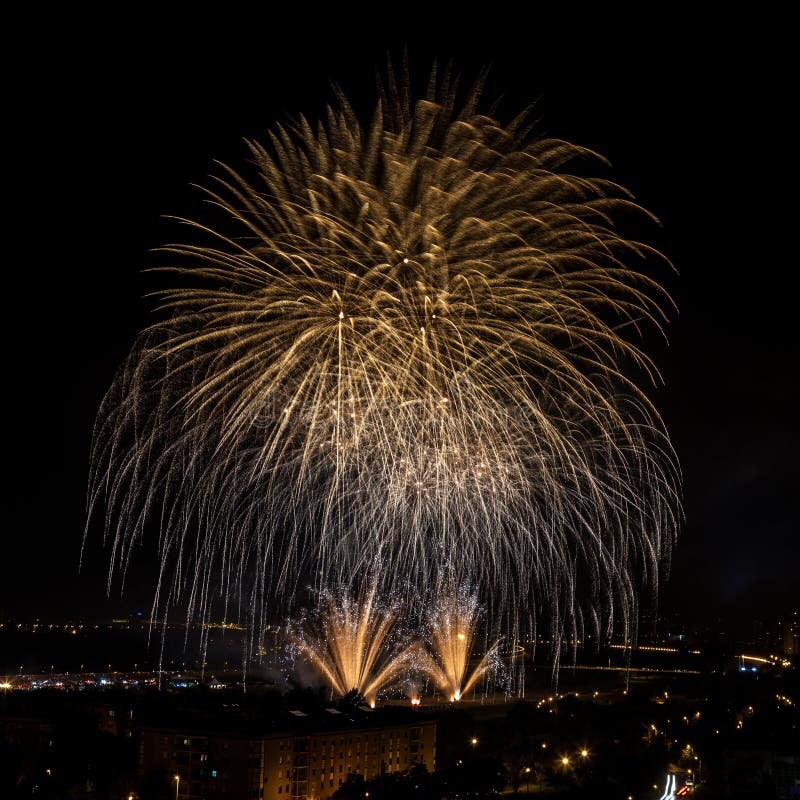 Huge Fireworks With Reflection In The Lake Stock Photo - Image of happy ...
