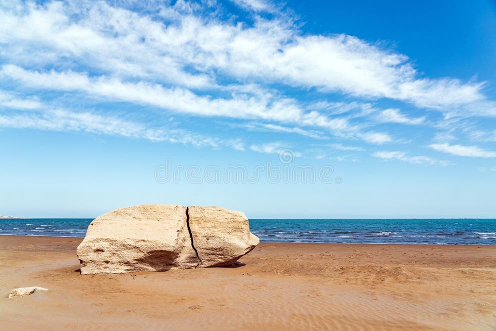 Huge Volcanic Cracked Boulder on Sandy Beach Stock Image - Image of ...