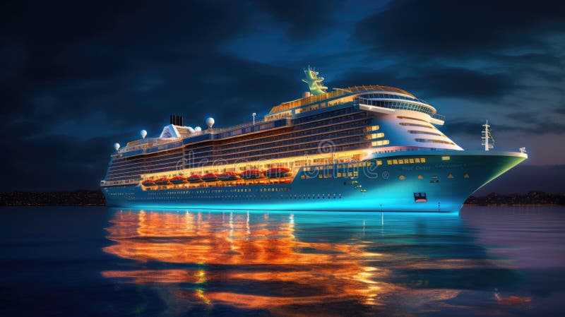 Huge Cruise Ship on the Water in Ocean with a Glowing Blue Light at ...