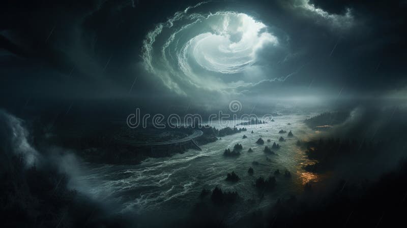 A Huge Cyclone Emerging Toward Fantasy Environment Stock Illustration ...