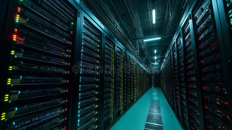 Huge Data Center, Filled with Rows of Servers with Blinking Lights ...