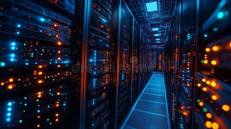 Huge Data Center, Filled with Rows of Servers with Blinking Lights ...