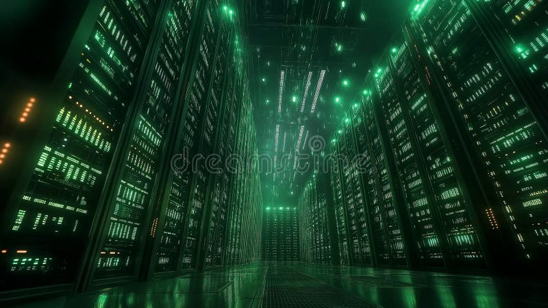 Huge Data Center, Filled with Rows of Servers with Blinking Lights ...