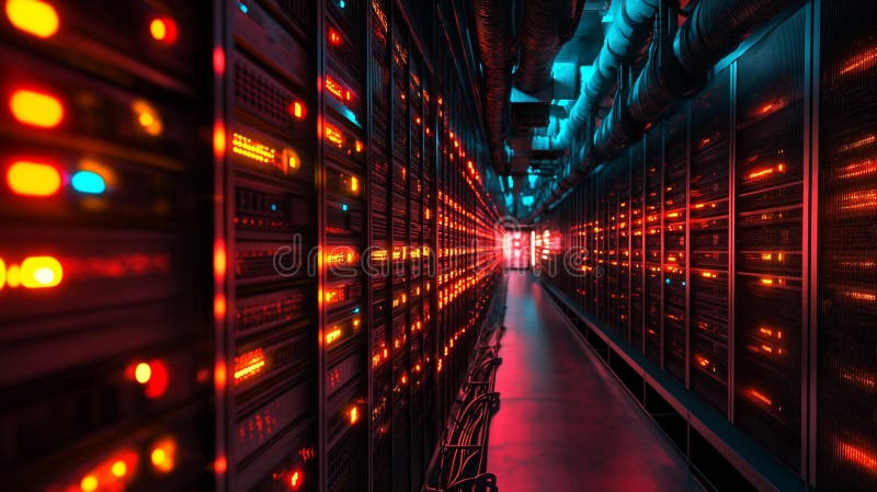 Huge Data Center, Filled with Rows of Servers with Blinking Lights ...