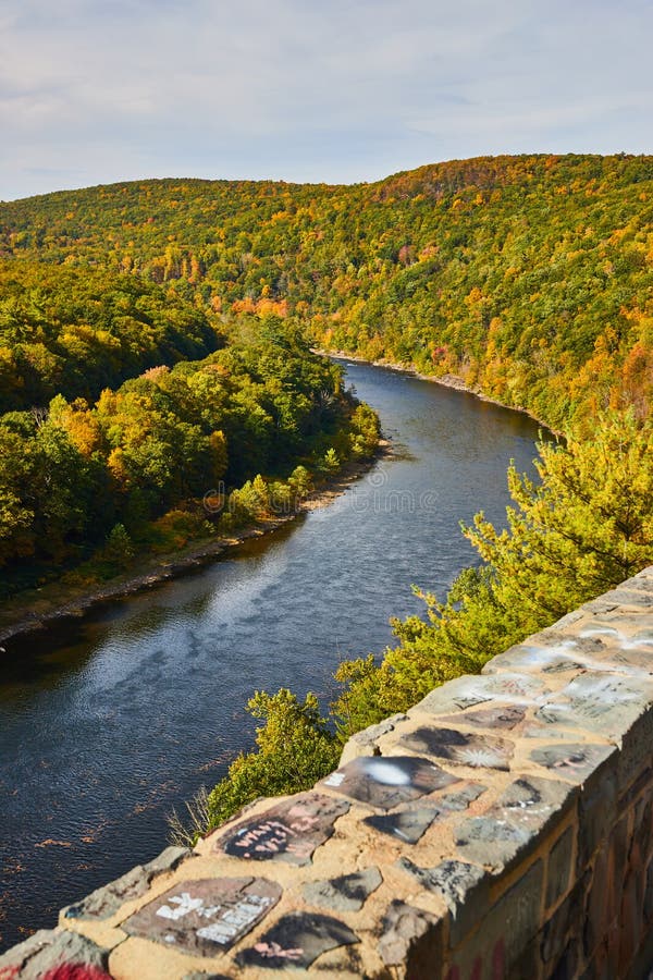 Huge Delaware River in Early Fall Forest Next To Stone Wall with Chalk ...