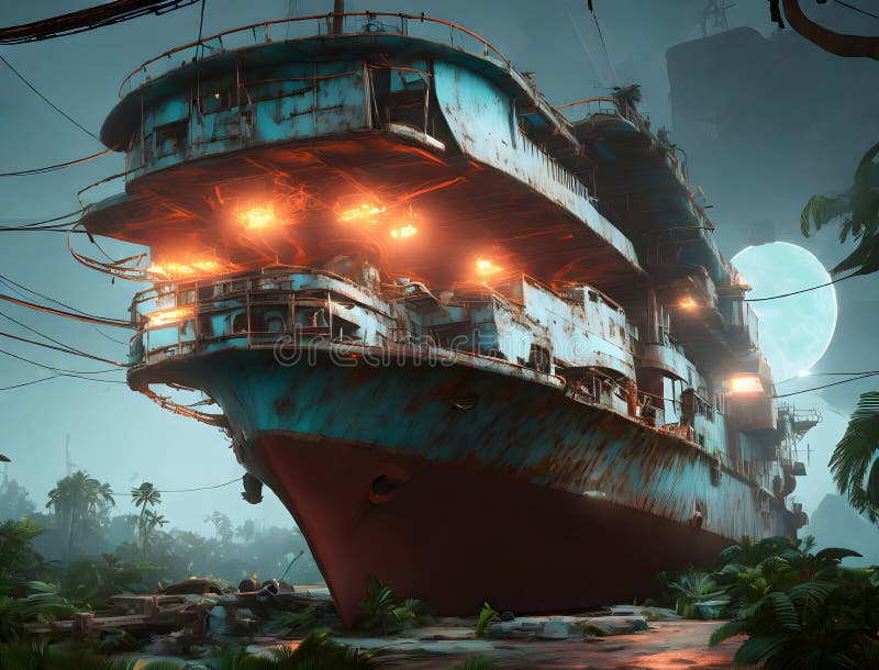 Huge Dieselpunk Multistage Rusty Ship Stock Illustration - Illustration ...