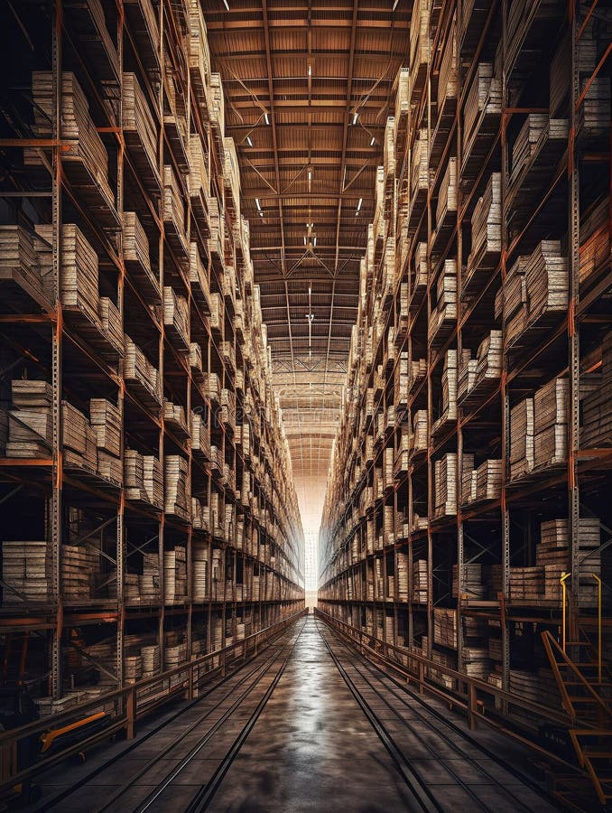 Huge Distribution Warehouse with High Shelves and Loaders. Generative ...