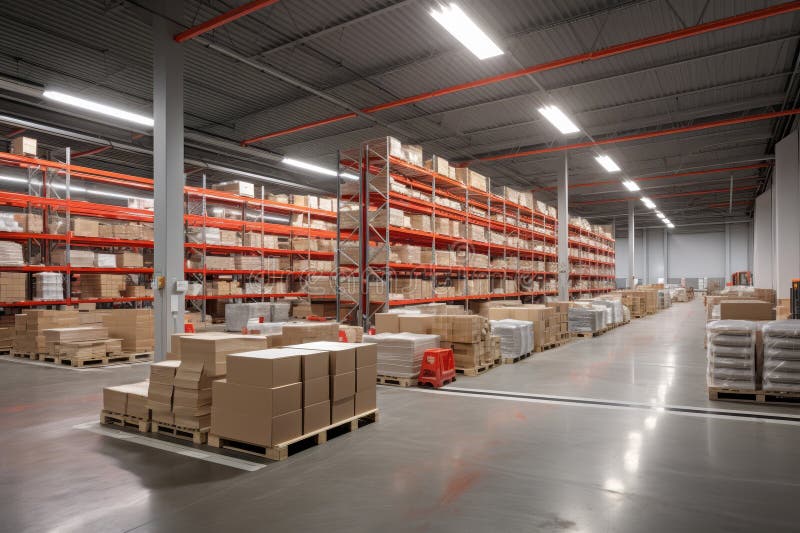 Huge Distribution Warehouse with High Shelves Stock Illustration ...