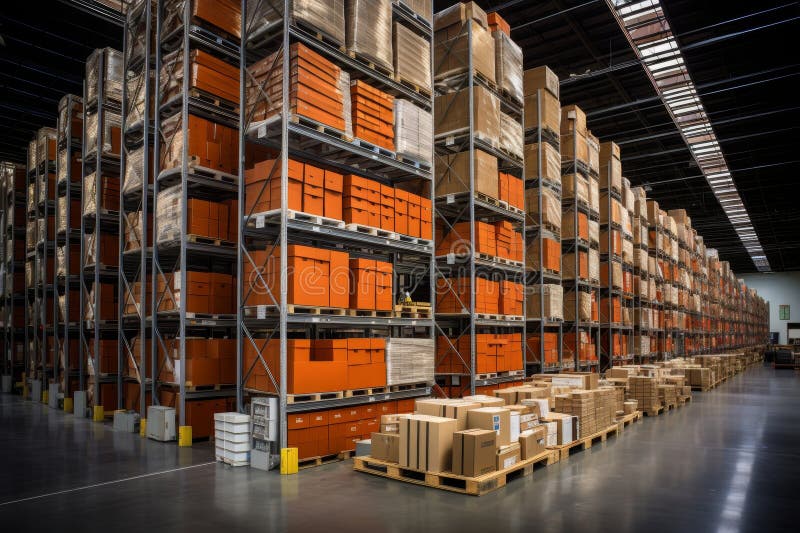 Huge Distribution Warehouse with High Shelves Stock Illustration ...