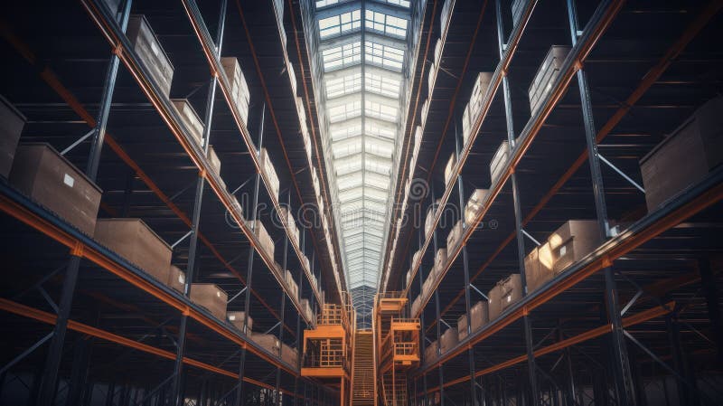 Huge Distribution Warehouse with High Shelves, Bottom View Stock ...