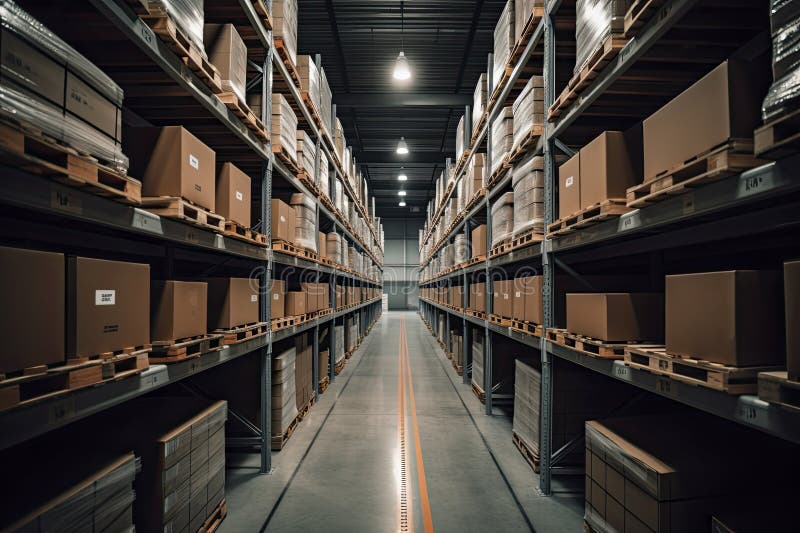 Huge Distribution Warehouse with High Shelves Stock Illustration ...