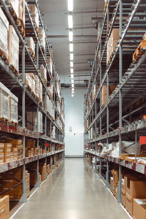 Huge Distribution Warehouse with High Shelves. Warehouse Interior Stock ...