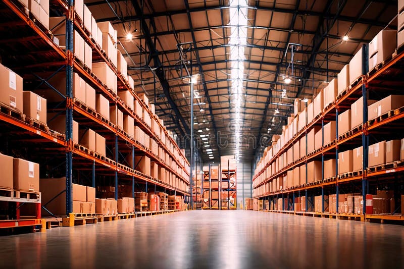 Huge Distribution Warehouse with High Shelves and Loaders. Stock ...