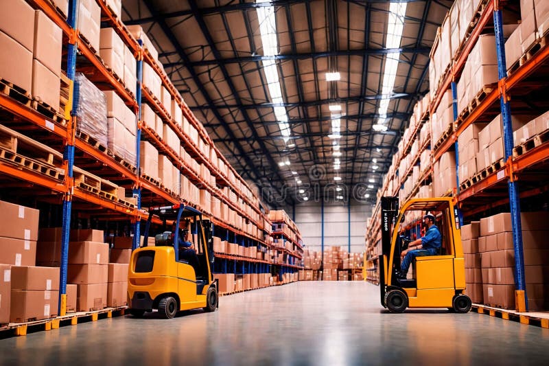 Huge Distribution Warehouse with High Shelves and Loaders. Stock ...