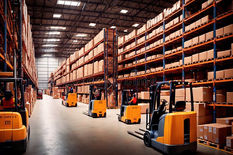 Huge Distribution Warehouse with High Shelves and Loaders. Stock ...