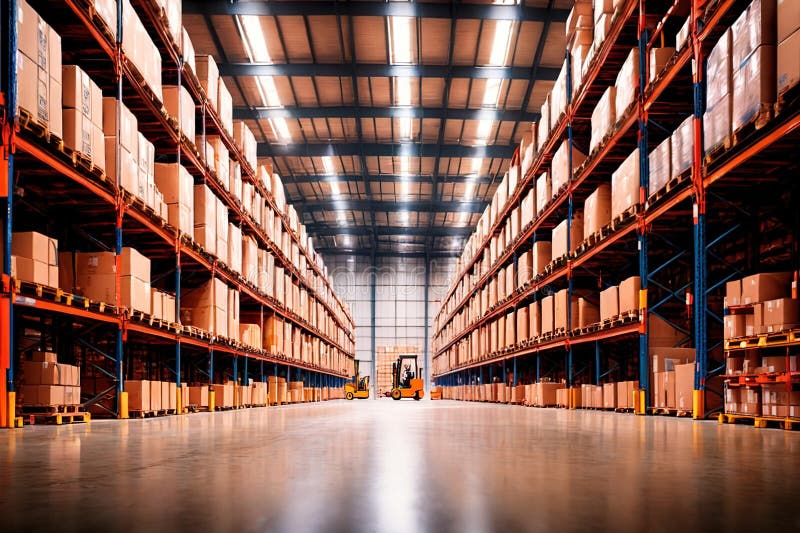 Huge Distribution Warehouse with High Shelves and Loaders. Stock ...