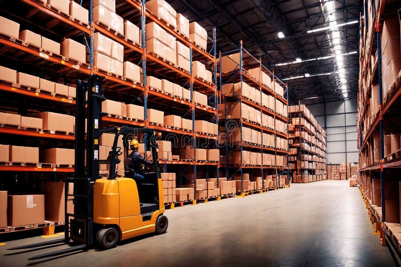 Huge Distribution Warehouse with High Shelves and Loaders. Stock ...