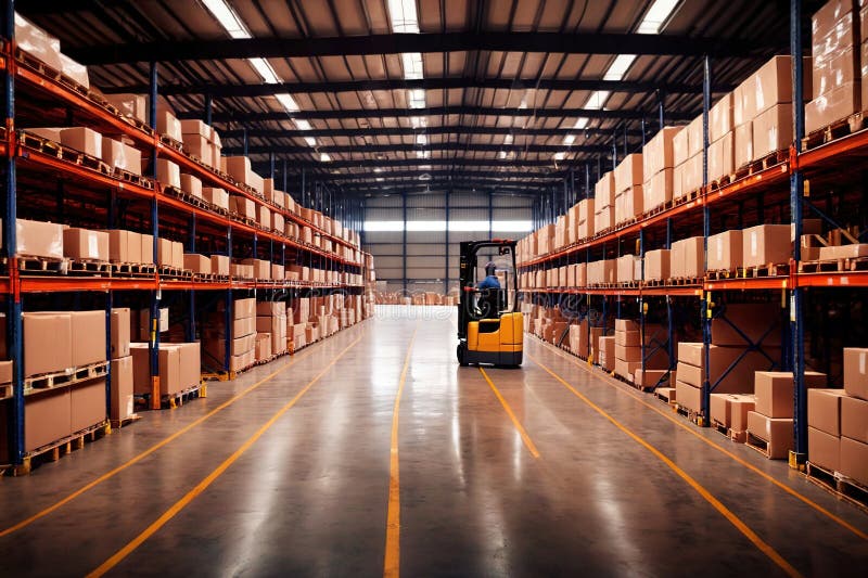 Huge Distribution Warehouse with High Shelves and Loaders. Stock ...