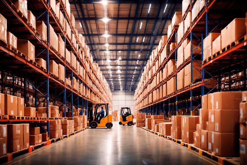 Huge Distribution Warehouse with High Shelves and Loaders. Stock ...