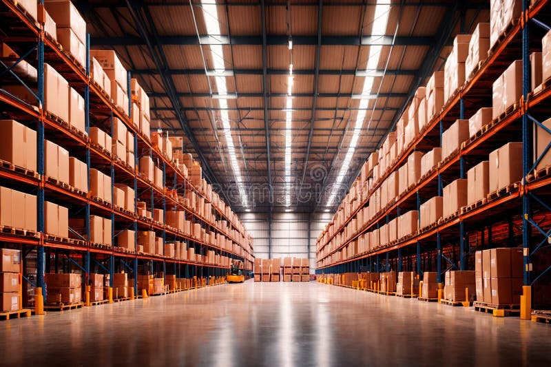Huge Distribution Warehouse with High Shelves and Loaders. Stock ...