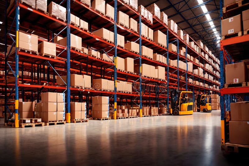 Huge Distribution Warehouse with High Shelves and Loaders. Stock ...