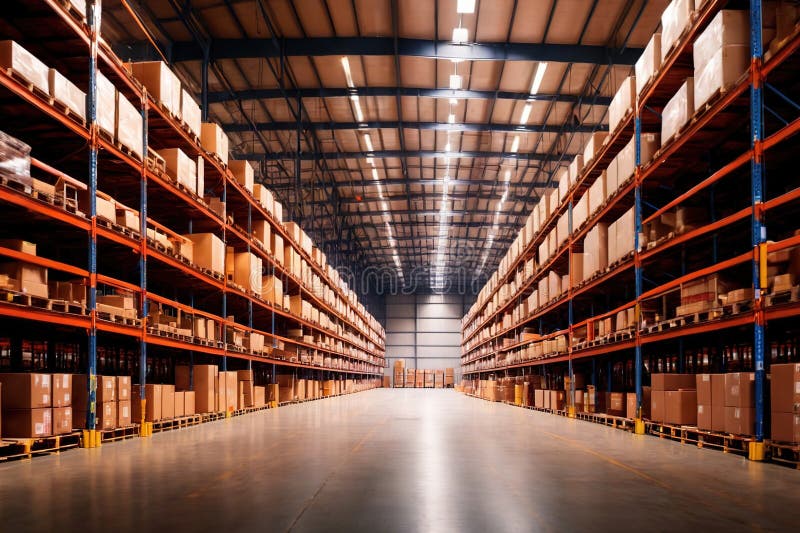 Huge Distribution Warehouse with High Shelves and Loaders. Stock ...
