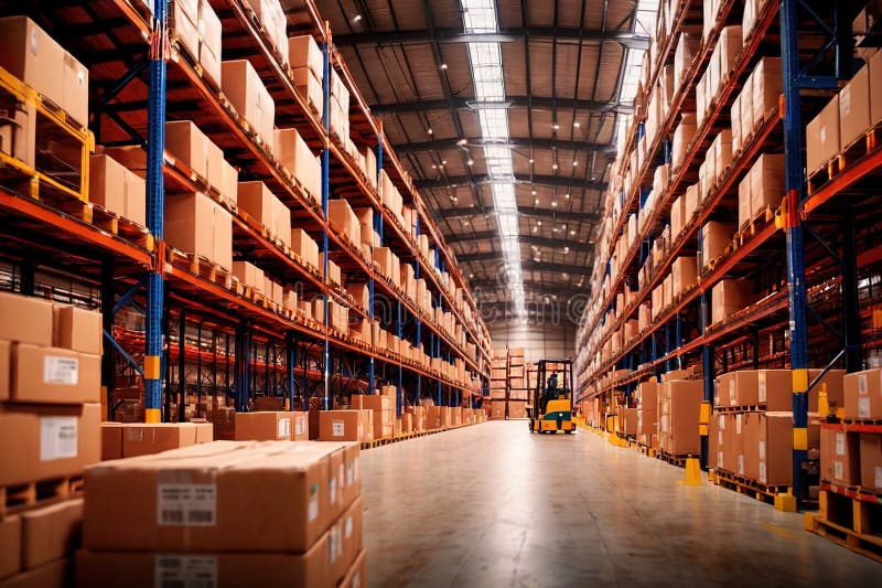 Huge Distribution Warehouse with High Shelves and Loaders. Stock ...