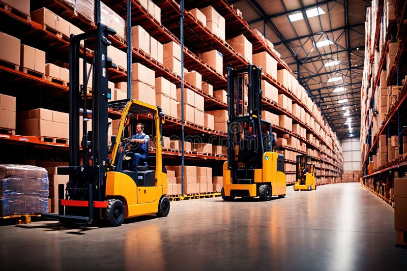 Huge Distribution Warehouse with High Shelves and Loaders. Stock ...