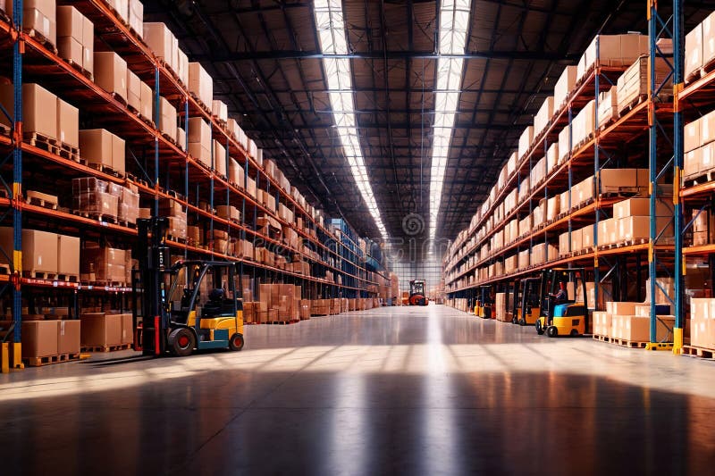 Huge Distribution Warehouse with High Shelves and Loaders. Stock ...