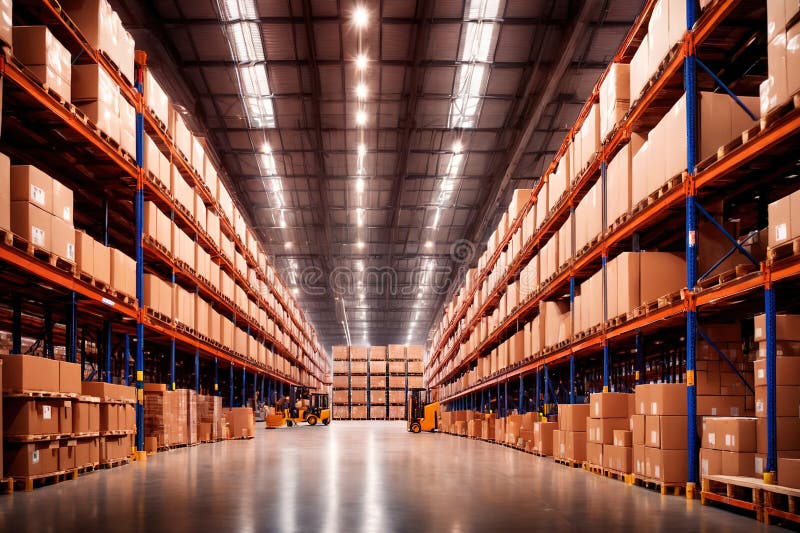 Huge Distribution Warehouse with High Shelves and Loaders. Stock ...