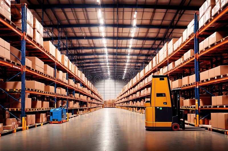 Huge Distribution Warehouse with High Shelves and Loaders. Stock ...