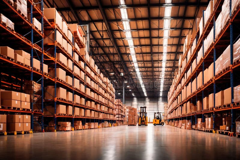 Huge Distribution Warehouse with High Shelves and Loaders. Stock ...