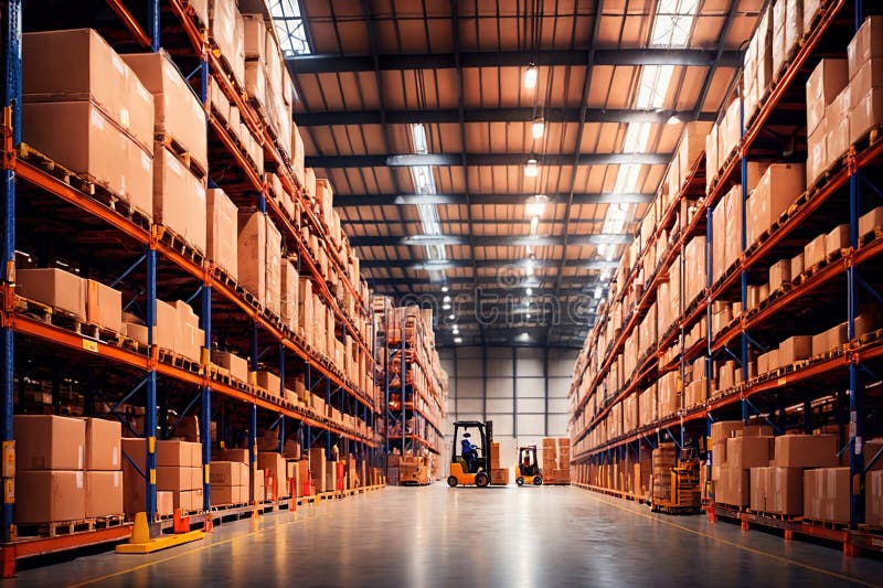 Huge Distribution Warehouse with High Shelves and Loaders. Stock ...